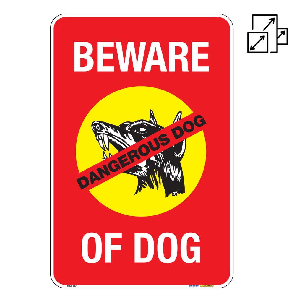 Sign BEWARE OF DOG +graphic Red/White/Yellow METAL — Euro Signs & Safety