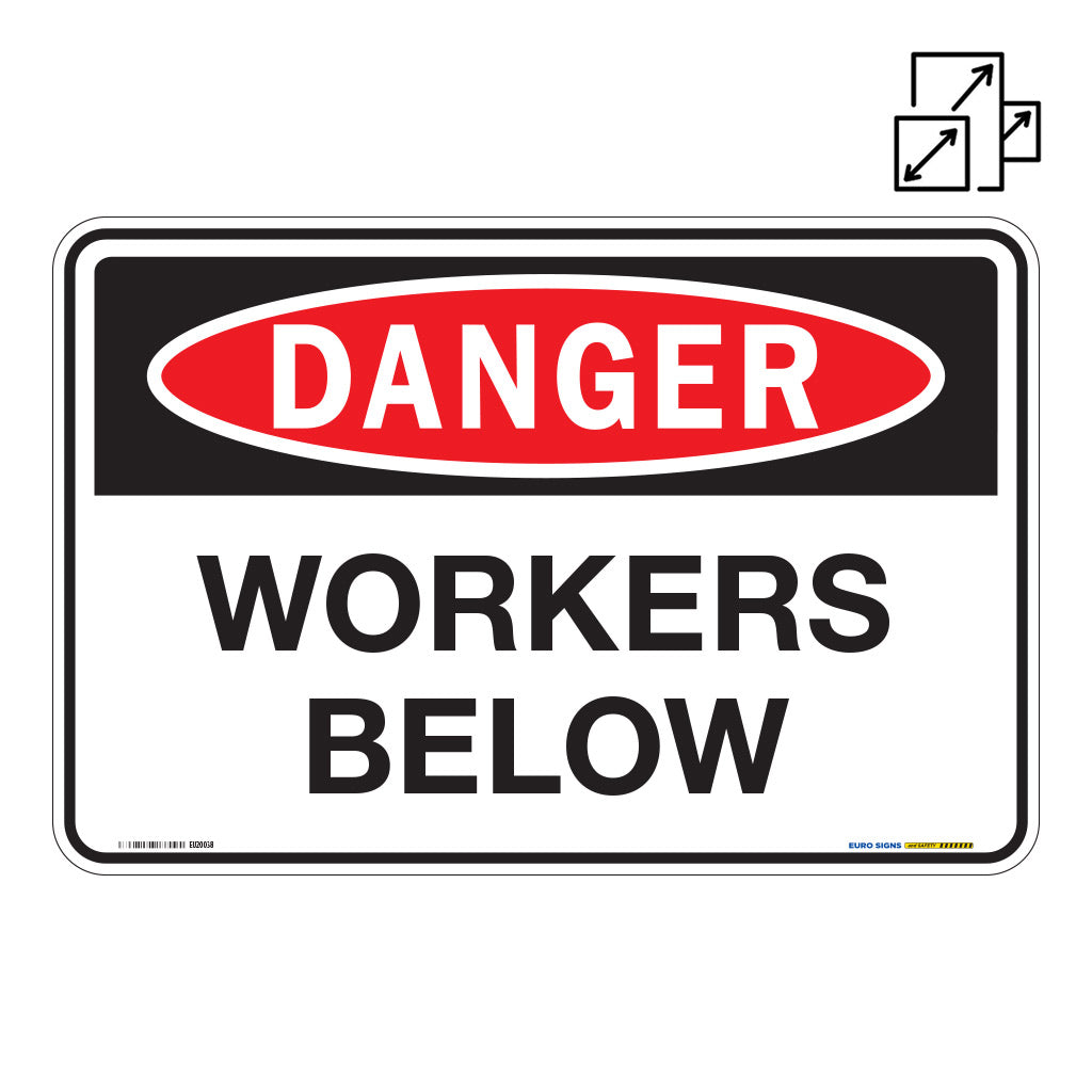 Sign DANGER WORKERS BELOW Black/Red/White METAL — Euro Signs & Safety