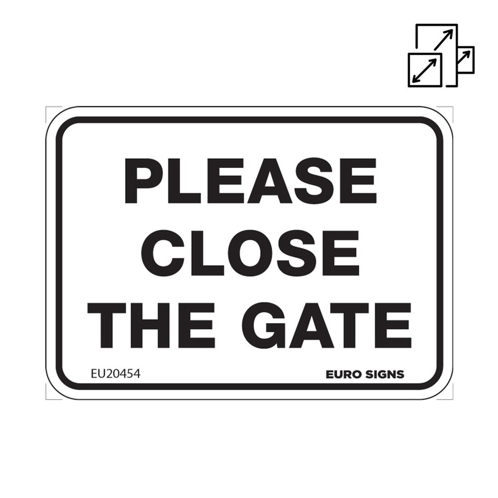 Sign PLEASE CLOSE THE GATE Black/White METAL — Euro Signs & Safety