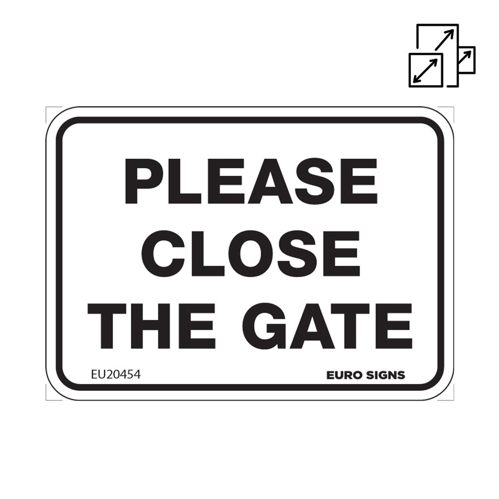 Sign PLEASE CLOSE THE GATE Black/White METAL — Euro Signs & Safety