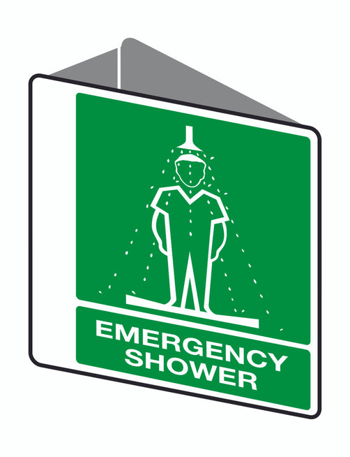 Sign EMERGENCY SHOWER +graphic V d/sided Wht/Grn - 225 x 225mm POLY ...