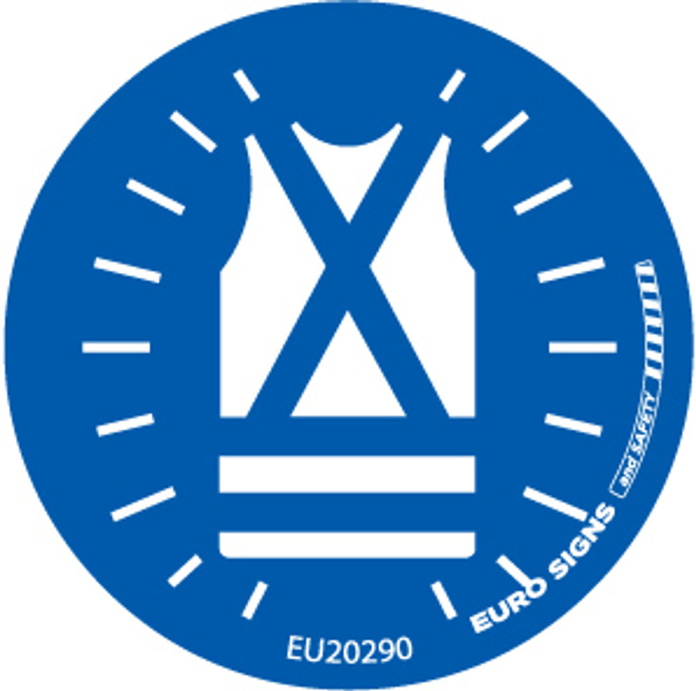 Sign mandatory HI VIS VEST SYMBOL Wht/BLUE - dia 50mm DECAL — Euro ...