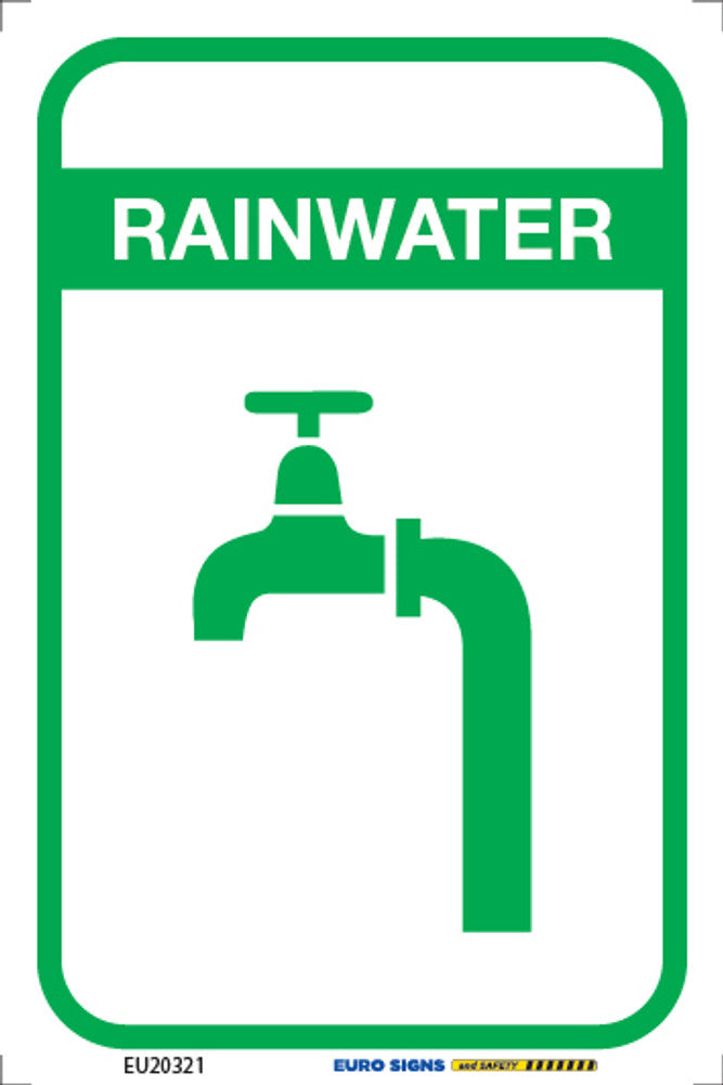 Sign RAINWATER +graphic Grn/Wht - w60 x h90mm POLY — Euro Signs & Safety