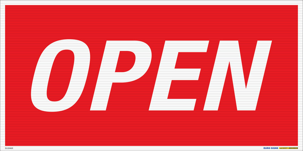 Sign OPEN Red/Wht - w600 x h300mm CORF — Euro Signs & Safety