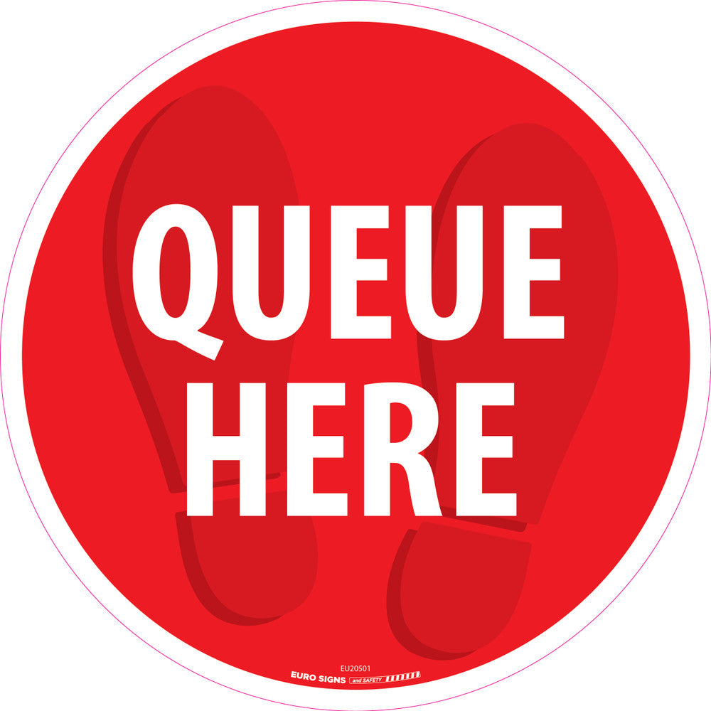 Sign covid QUEUE HERE Floor Sticker Indoor Wht/Red - dia 430mm DECAL ...