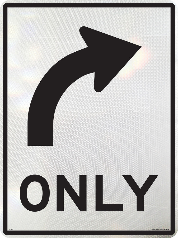 Sign ONE WAY ONLY arrow symb. CURVED RIGHT Class1 Refelct. Blk/Wht - w ...